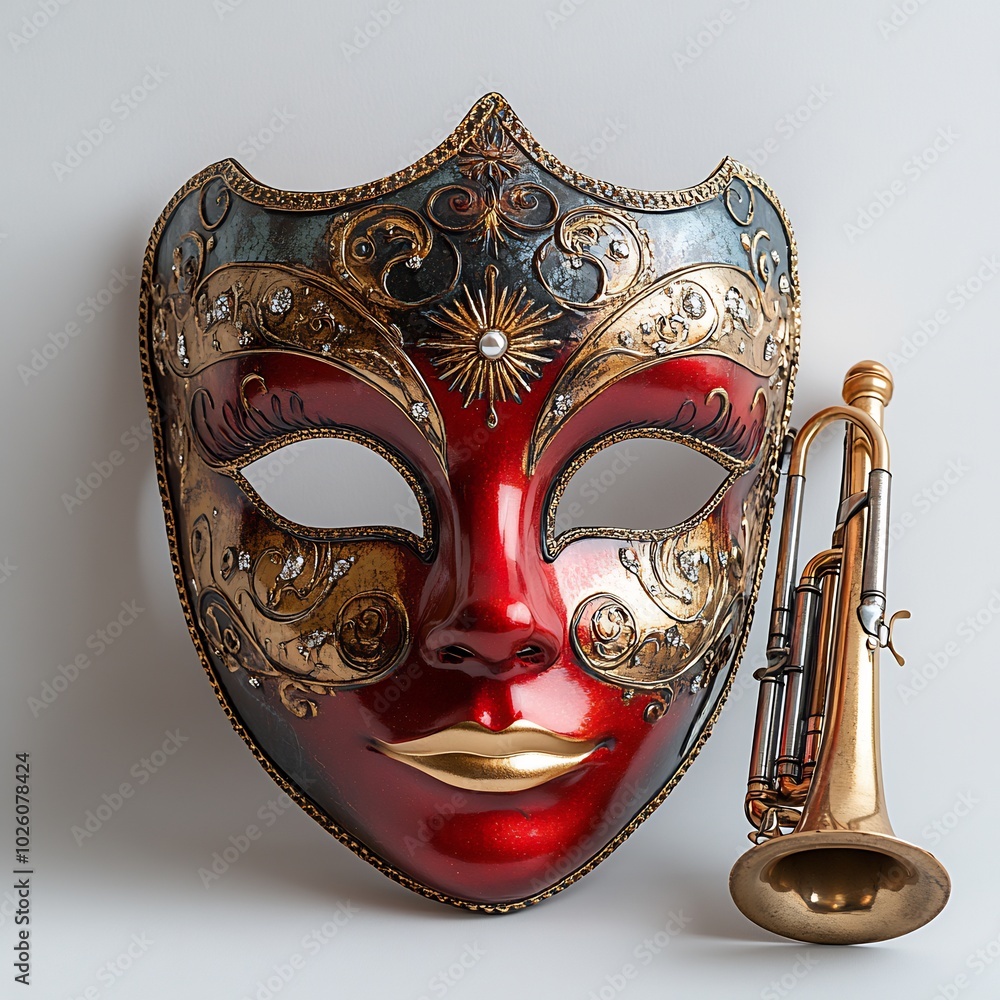 Festive carnival mask deep red with intricate gold detailing next to a ...