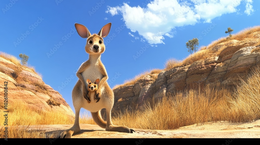 A 3D animated cartoon kangaroo hopping across the Australian outback, with a joey peeking out ...