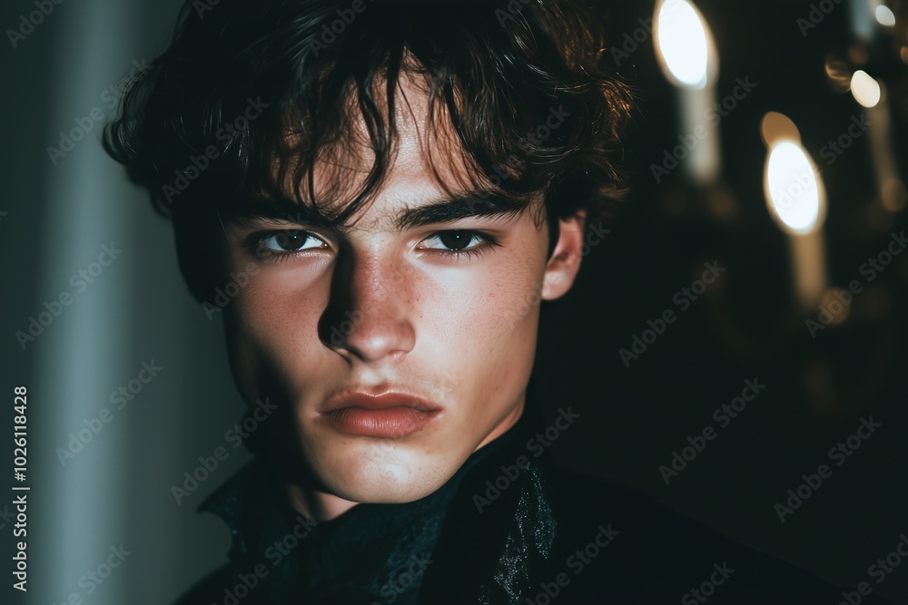 young man with gothic makeup, featuring dark kohl-lined eyes, matte ...