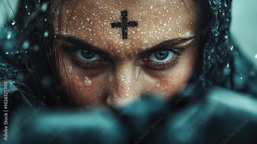 This close-up image captures the resolute stare of a woman with water ...