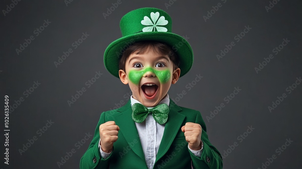 Happy St. Patrick's Day: A cheerful young boy in a green leprechaun ...
