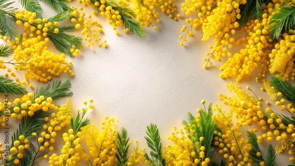 Bright yellow mimosa flowers create a vibrant floral frame, perfect for ...