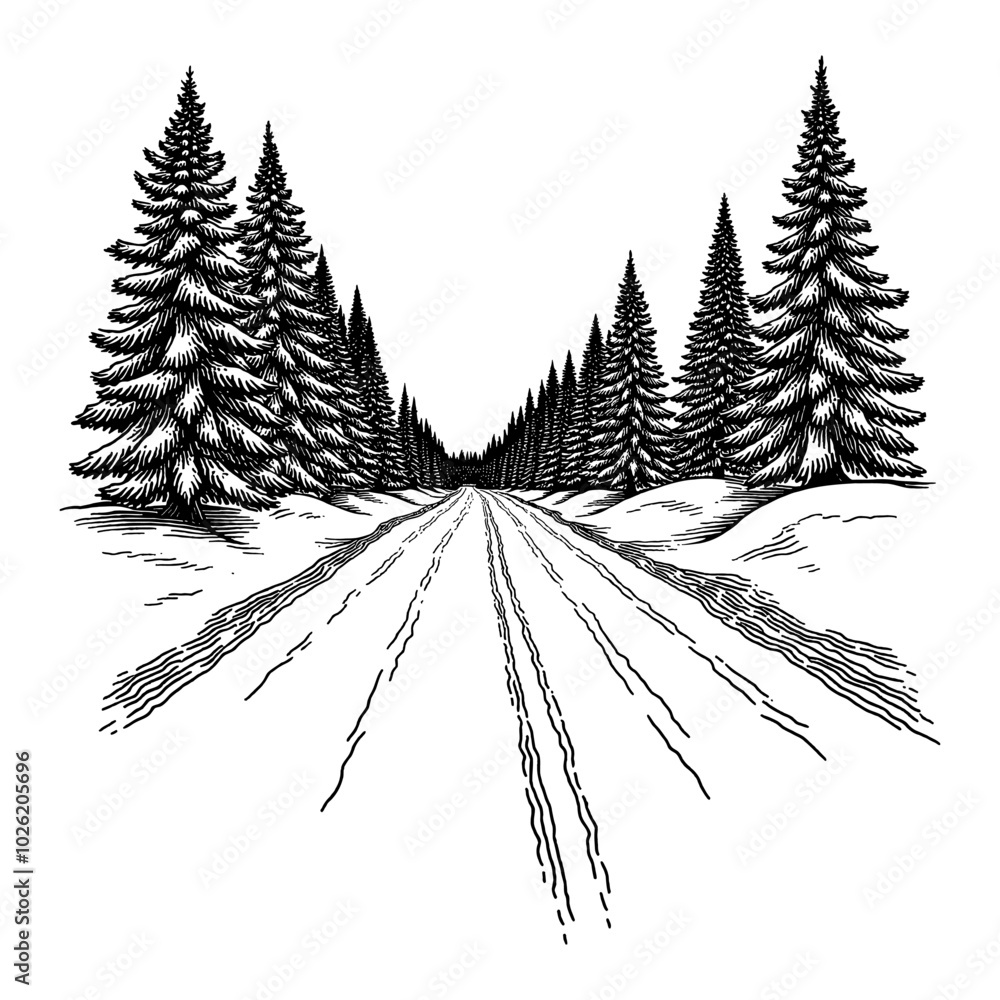 Snowy Road with Pine Trees in Scenic Black and White Outline Line Art ...