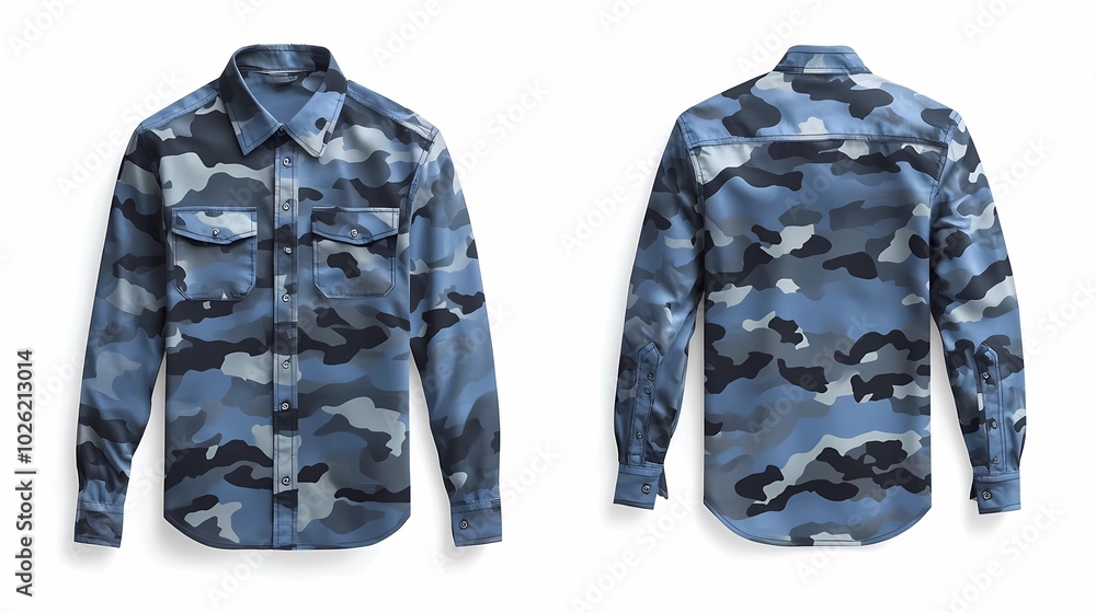 blue Camouflage army uniform shirt, long sleeve mockup with front and ...