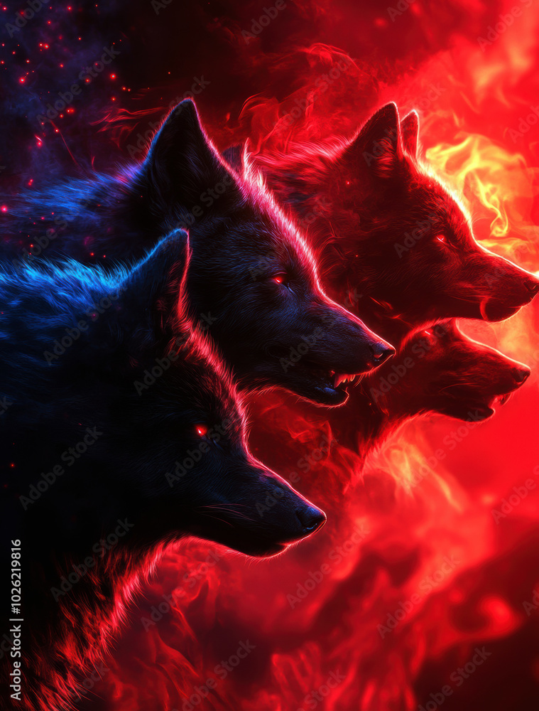 This striking artwork features three wolves, illuminated by fiery and ...