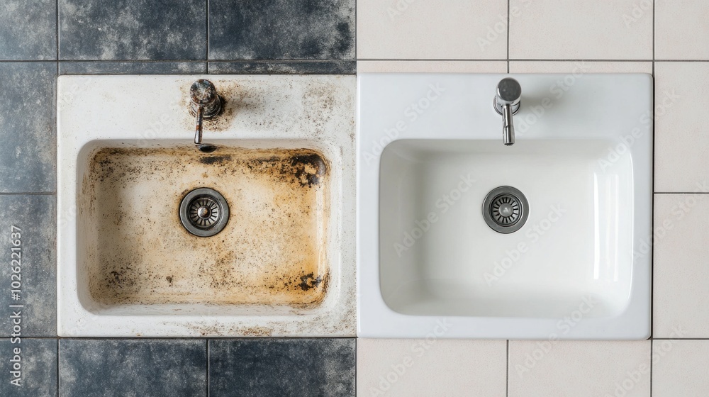Grimy sink on left contrasts with pristine sink on right, showing ...