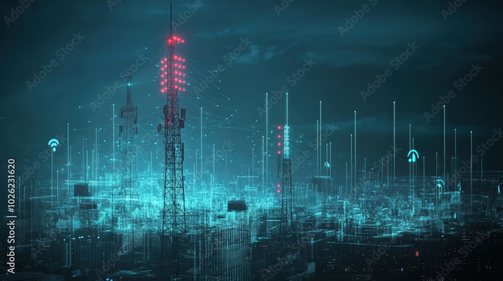 Signal distribution from telecommunication cell towers, with radiating ...