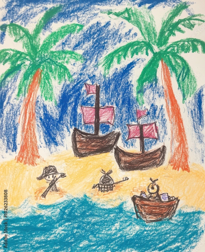 Colorful crayon drawing of pirate ships by a tropical island with palm ...