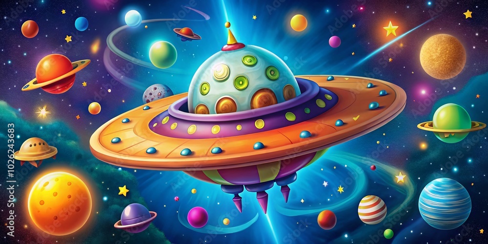 Colorful Cartoon Alien Spacecraft in a Whimsical Universe with Stars ...