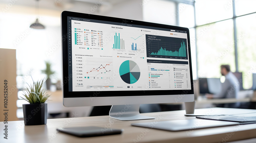 Sleek business analytics dashboard on large monitor showing real-time ... Sleek business analytics dashboard on large monitor showing real-time ...