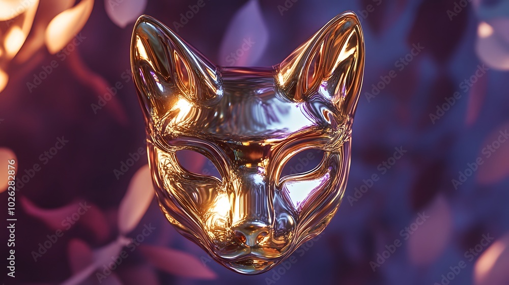 The fox mask with an iridescent metallic finish suspended in mid-air ...