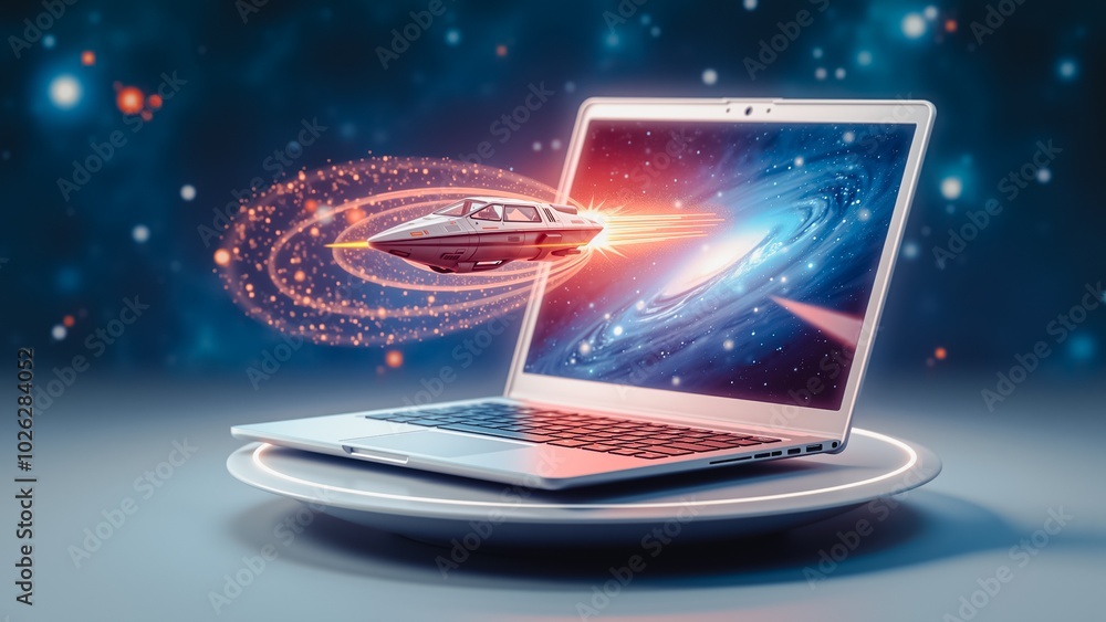 Futuristic Spaceship Exploration on Laptop Screen, A silver laptop sits ...