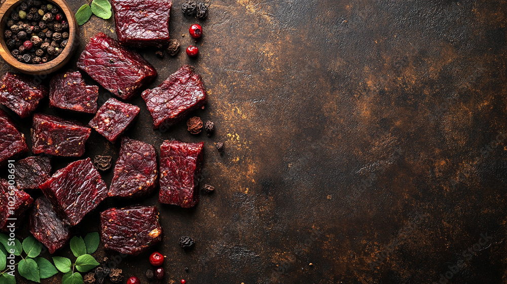 beef jerky, showcasing rich textures and vibrant colors, evokes themes ...