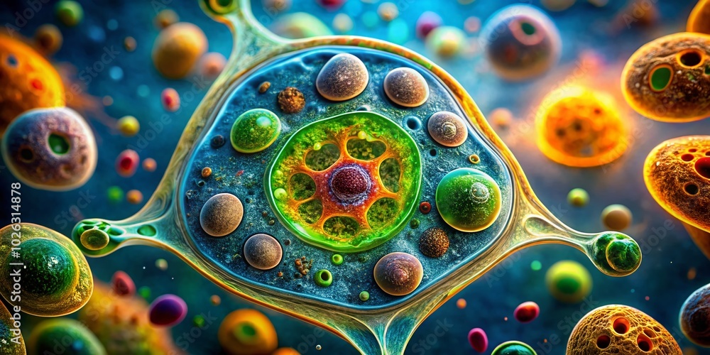 Detailed Image of Amoeba Under Microscope with Labeled Structures for ...