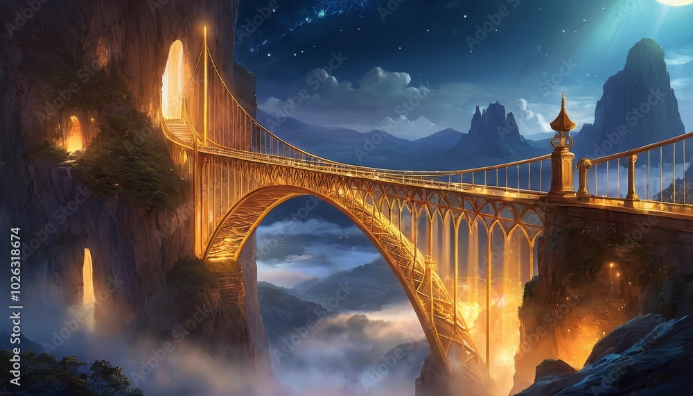 A glowing golden bridge suspended in the clouds, connecting two ...