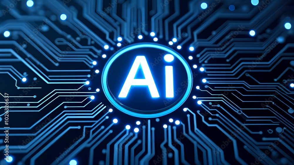 Neon glowing AI chip with thin circuit lines and semiconductor on ...