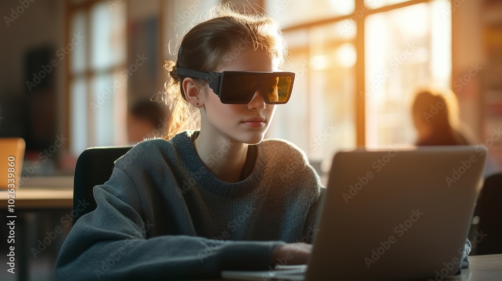 Girl in class or library working on laptop. She wears special glasses ...