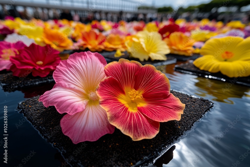 Floating flower islands, where different species of vibrant, oversized ...