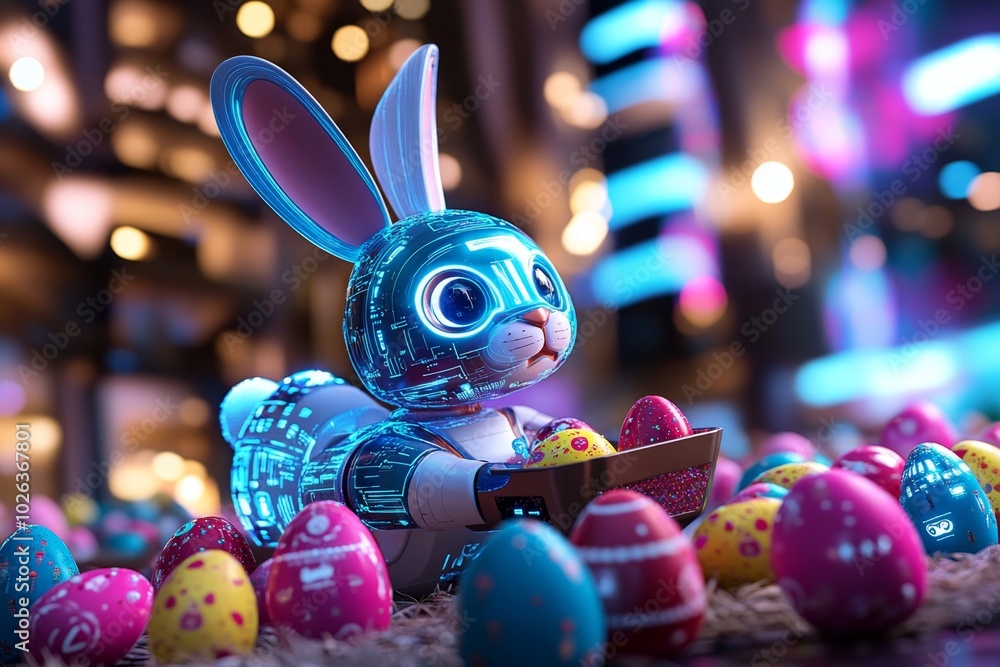 Robot Easter bunny delivering chocolate eggs, moving through a high ...