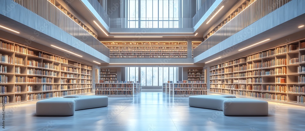 Contemporary public library interior with an open gallery area, empty ...