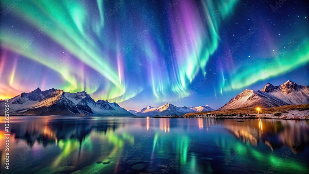 Northern lights scene with colorful lights, mountains, wide-angle Stock ...