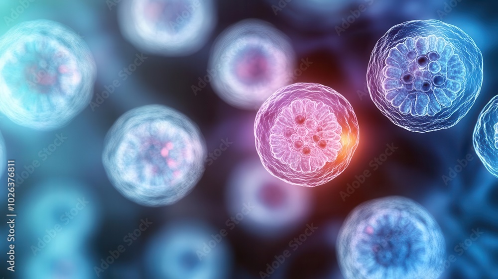 Microscopic view of human cell division, vivid colors highlighting the ...