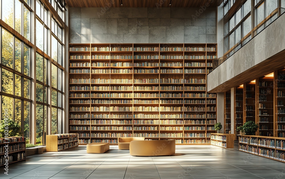 Spacious public library interior featuring contemporary style, blank ...