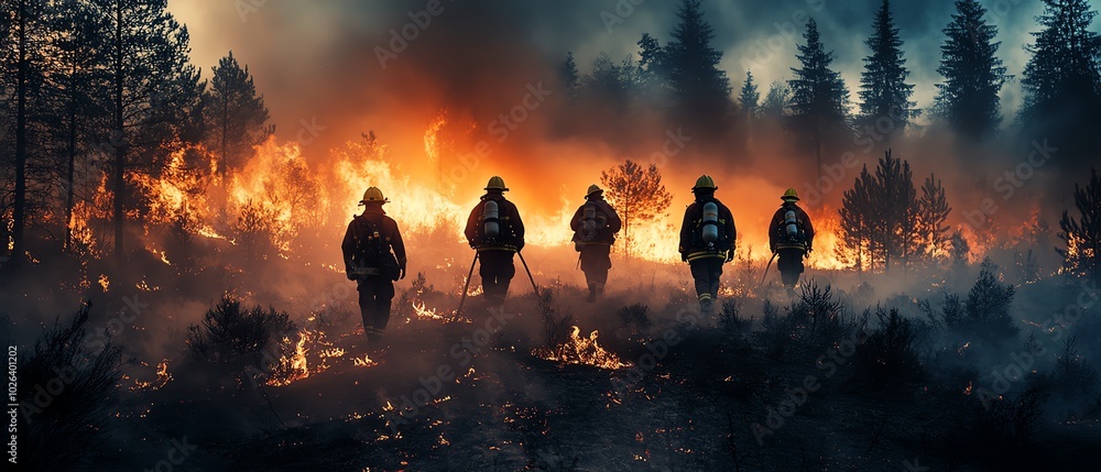 Group of firefighters navigating the aftermath of a forest fire ...