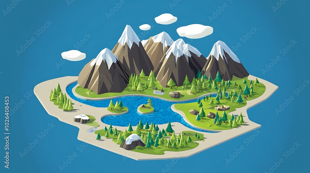 3D isometric map of an island with mountains, forests, and rivers ...
