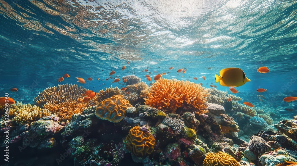 Dying coral reef surrounded by vibrant sea creatures, showcasing the ...
