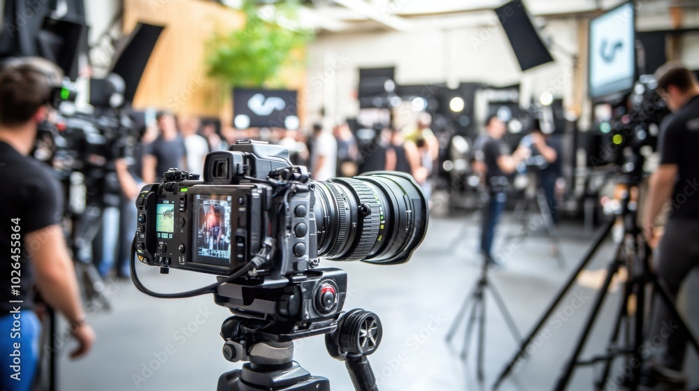 A modern video camera records an interview in a TV studio, capturing ...