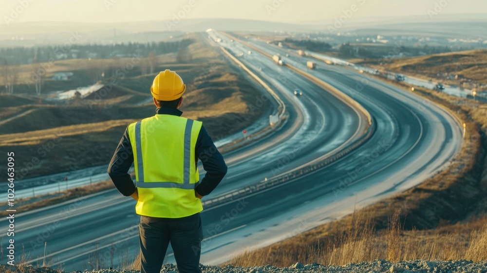 Civil engineer inspects road construction work on an expressway ...