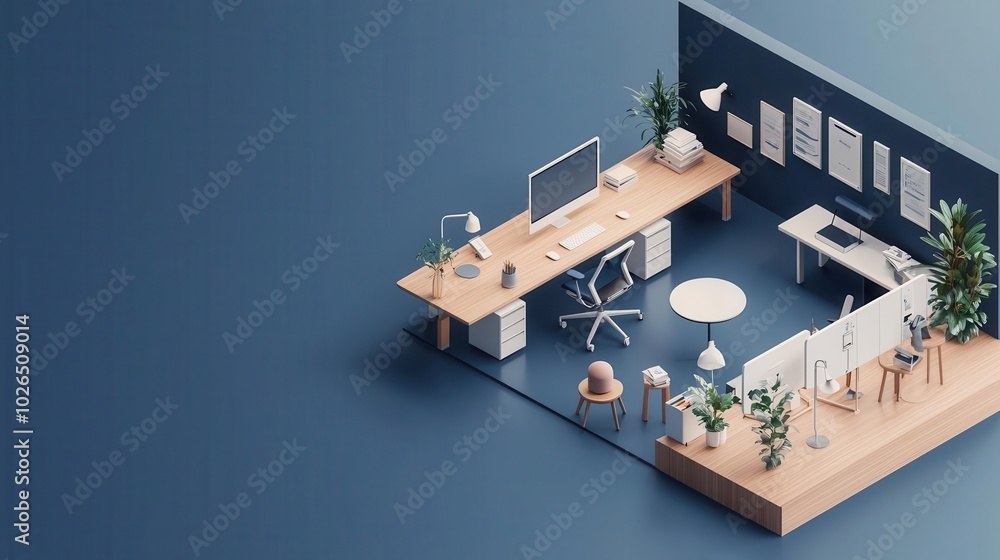 Isometric office space with smart desks, voiceactivated climate ...