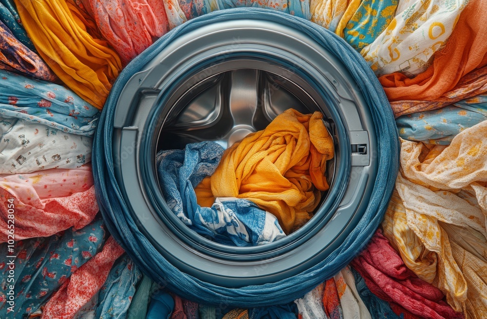 Colorful laundry spinning in a washing machine during a bright ...