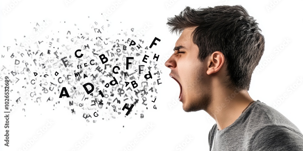 Side photo of a young man shouting with different colored letters ...