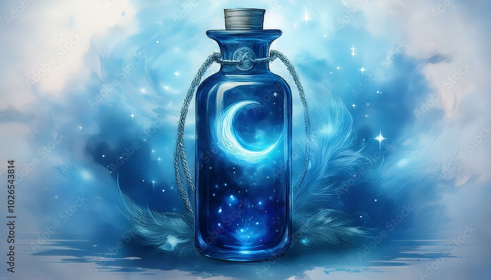 A dark blue potion in a tall, slender bottle, with a crescent moon ...