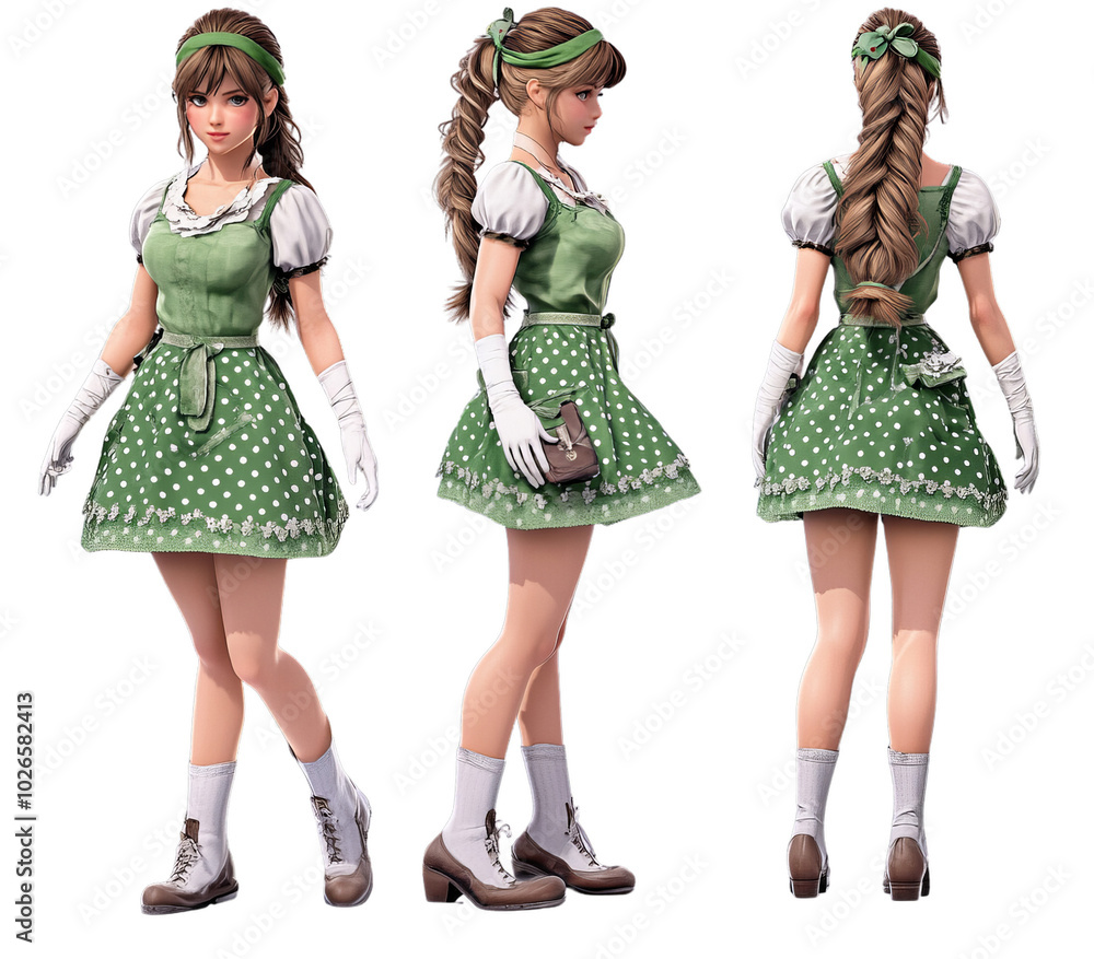 Transparent PNG of a 3D female character wearing a detailed green dress ...