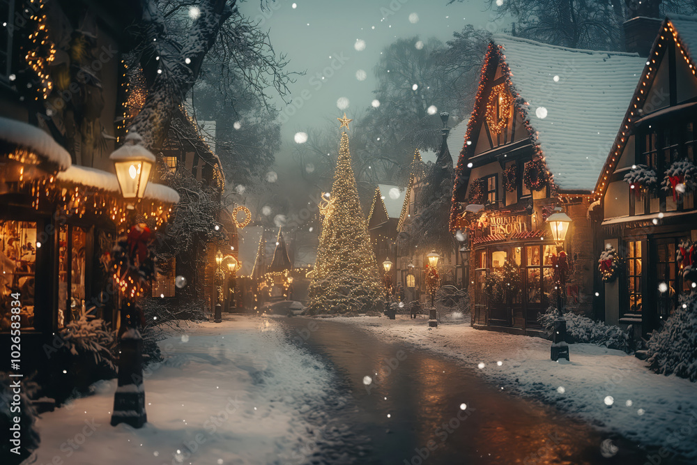 Christmas scene with snow falling gently on a small town square ...