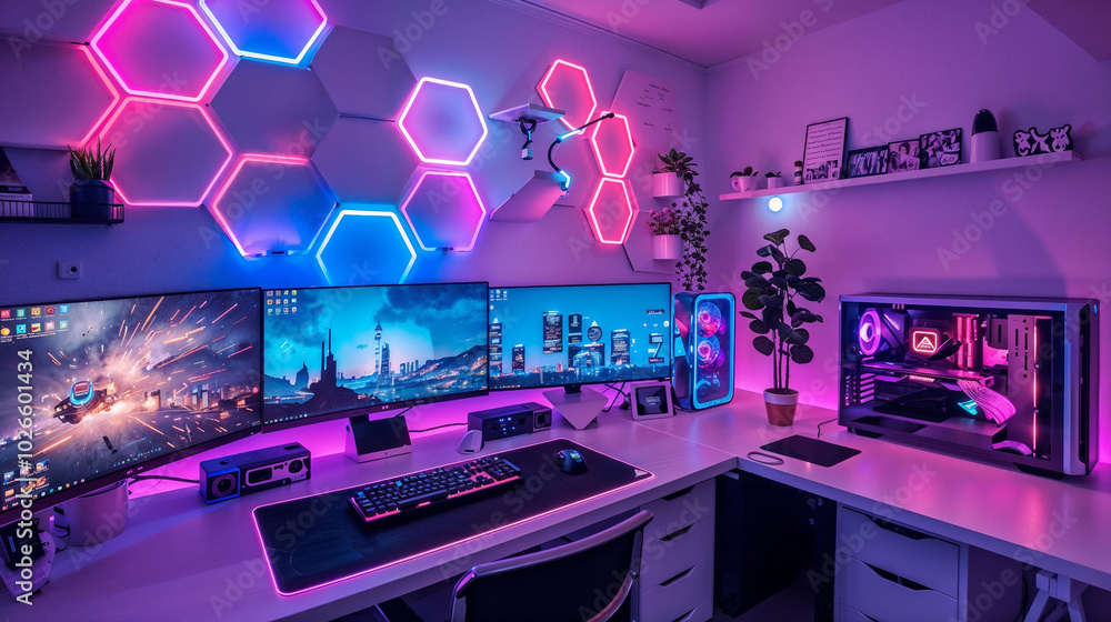 Vibrant gaming setup with neon-lit hexagonal wall panels. Multiple ...