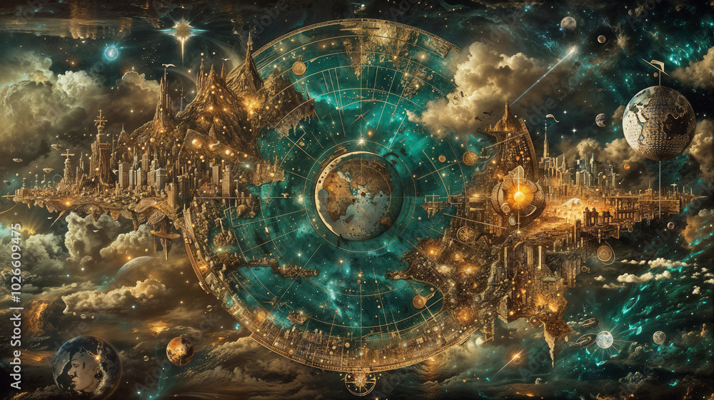 Celestial map depiction of a fantastical kingdom of heaven, with ...
