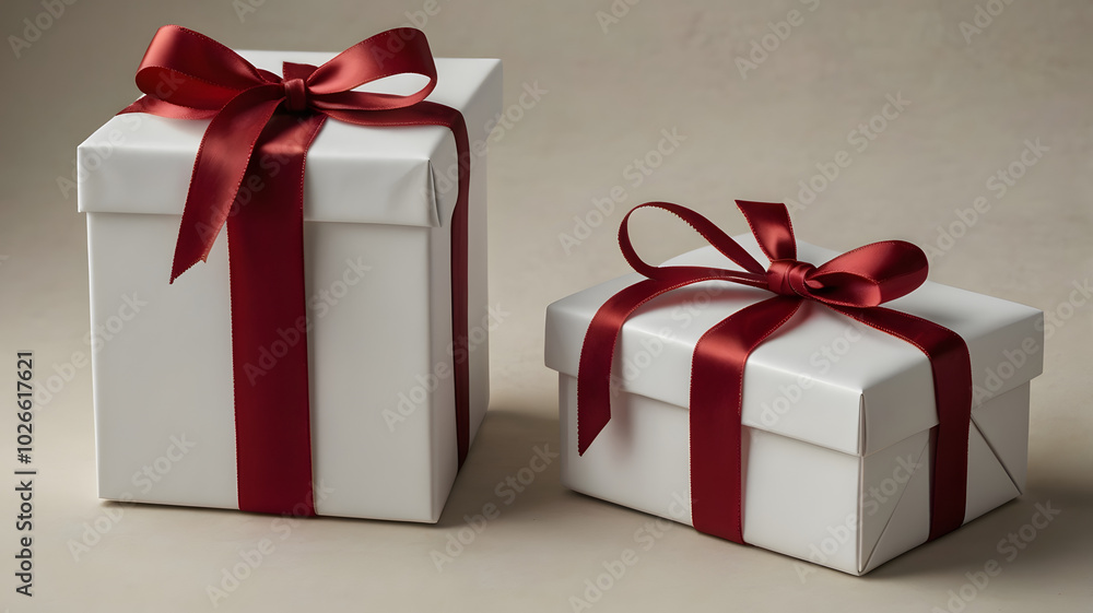 Gift Boxes with Burgundy Ribbon: Two elegantly wrapped gift boxes, one ...