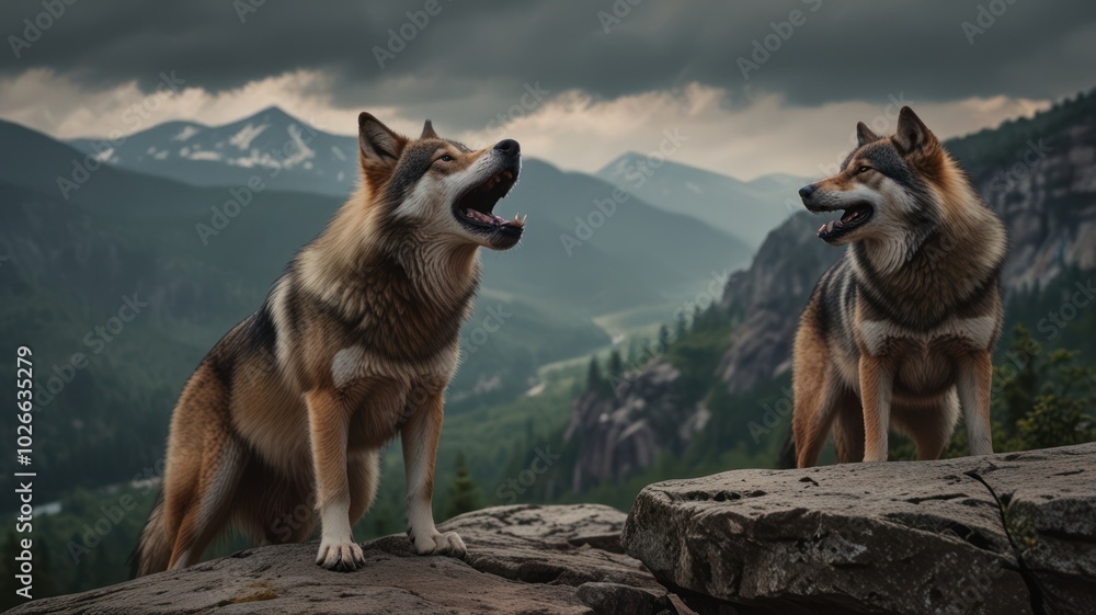 Two wolves howl at each other on a mountain peak with a valley and snow ...