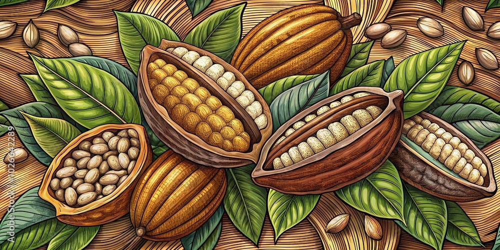 Explore the elegance of vintage line art featuring cocoa beans, perfect for a cacao-themed ...