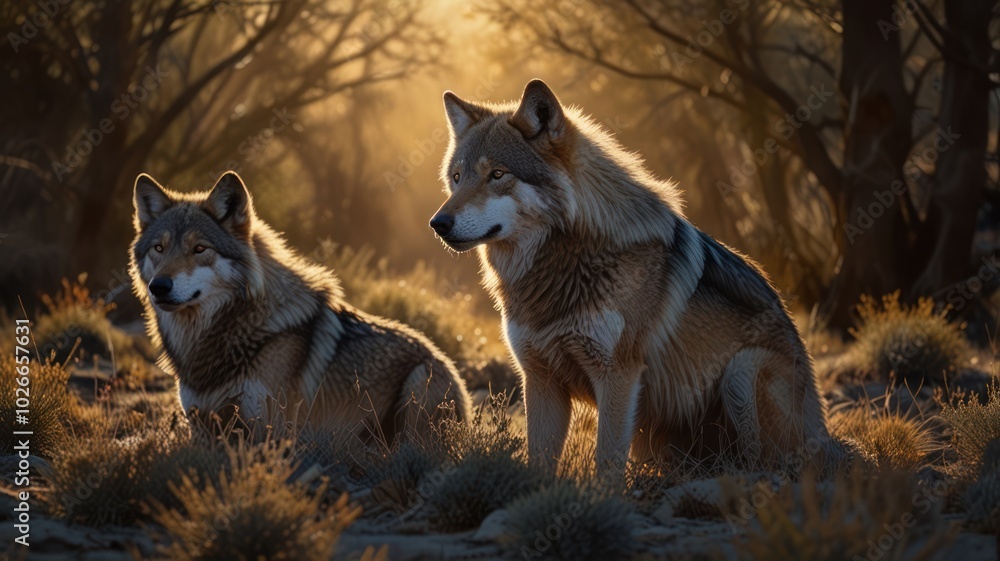 Two wolves sit in a forest setting, bathed in the golden light of the ...