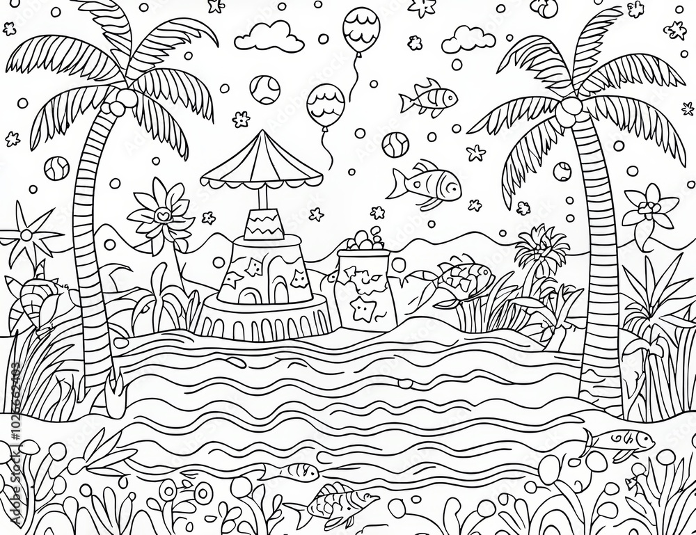 Summer coloring page for kids, play with a beach ball, build sand ...