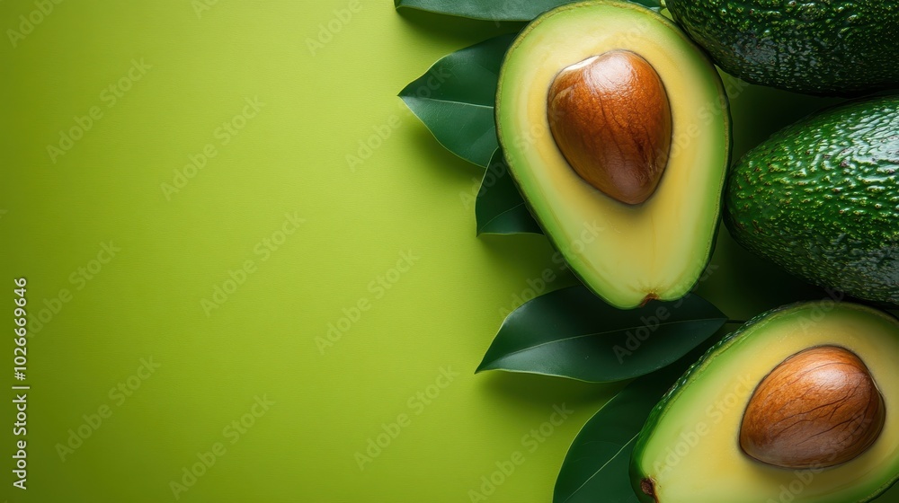 Fresh avocados with their seeds on a vibrant green background ...