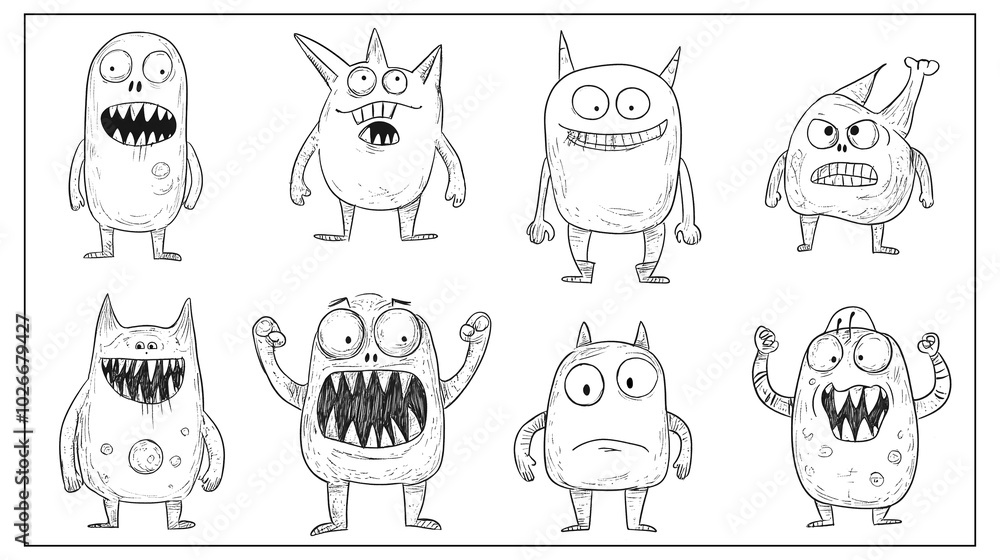 set of doodle cartoon characters color page, humor funny monster zombie ...