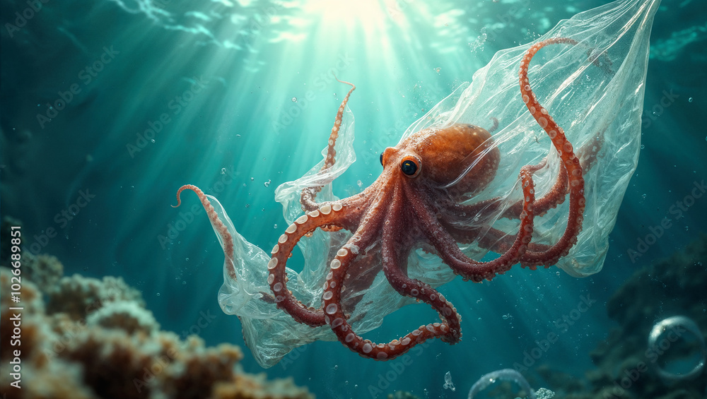 Octopus struggling in ocean pollution, underwater scene with plastic ...
