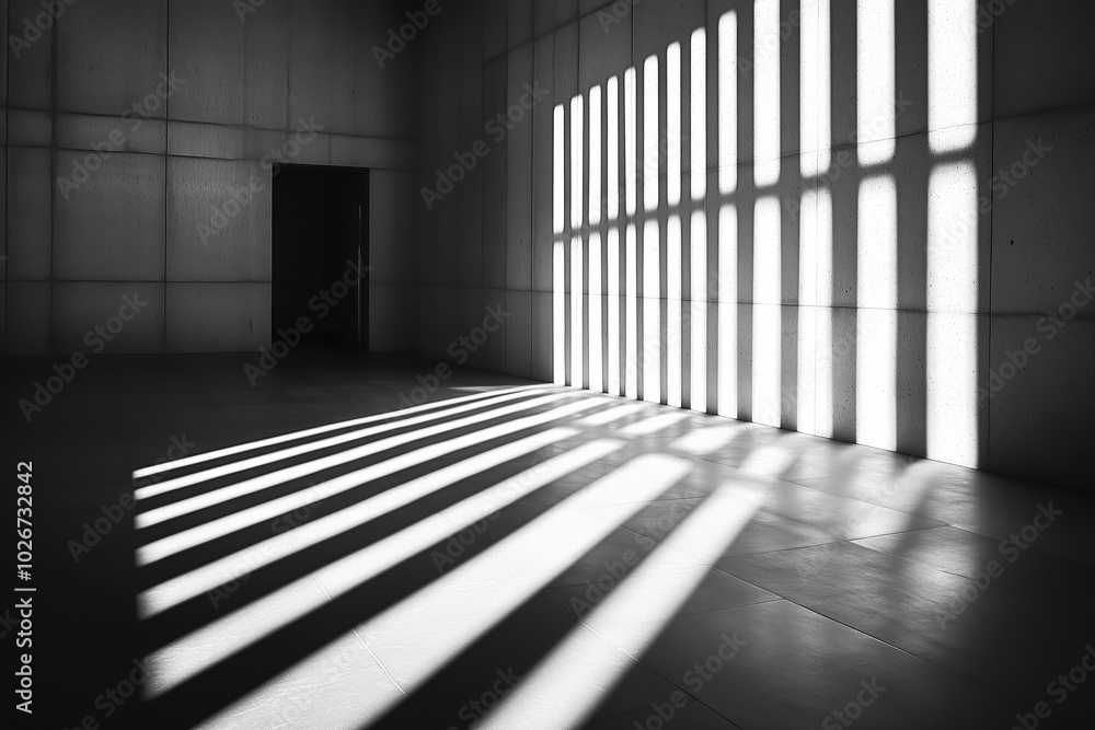 Sunlight through bars casting dramatic shadows on walls and floor of an ...
