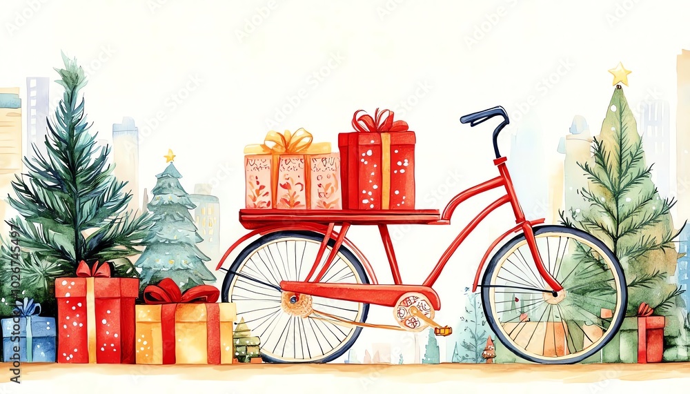 Festive red bicycle with Christmas gifts and pine trees in a winter ...